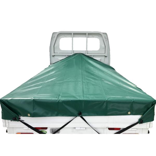 標準荷台軽トラック用シート軽トラックシート【サイズ】（前部）2.0ｍ・（後部）1.9ｍ×（長さ）2.15ｍ　標準荷台軽トラック用【シート形状】台形シート【カラー】グリーン【材　質】エステル帆布　防水【ハトメ】真鍮ハトメ　前中央ハトメ部分補強...