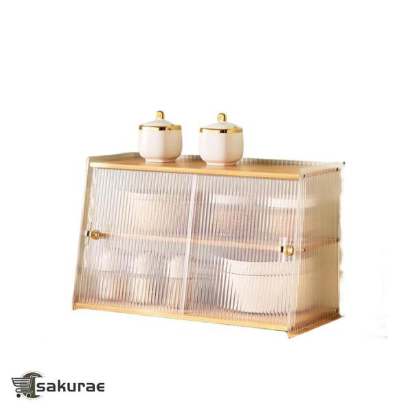 食器棚 卓上食器棚 アクリル扉 キッチン収納棚 ミニ食器棚 キッチンキャビネット アクリル扉 レンジボード 調味料入れ 北欧風 扉付 防塵 クラムシェルドア 簡単