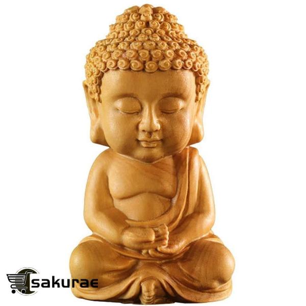 ミニチュア仏像 木彫り ミニ 釈迦像 如来 可愛い 手作り 木置物 禅定 ブッダ 仏陀 小型 柘植の木 木目 インテリア ギフト （高さ6.9cm×巾4cm×奥行3cm）