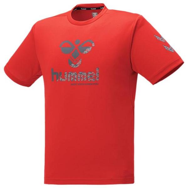 ヒュンメル、大人/メンズ用プラクティスシャツ。スタンダードなロゴデザインの半袖トレーニングシャツ。吸汗速乾・UVカット素材を採用。