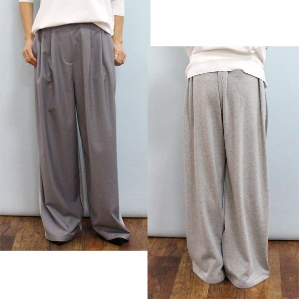 異素材ミックスパンツ☆フロントは艶のあるポリレーヨン素材、バックは柔らかな裏毛素材を使用したツータック入りのパンツ。マニッシュな印象とカジュアルな印象を併せ持ち、前後の印象のギャップを楽しんでいただける一着。後ゴム仕様で楽な穿き心地も嬉しい...