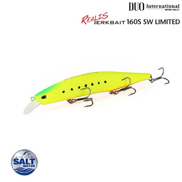 デュオ レアリス ジャークベイト 160S SW LIMITED■Length：160ｍｍ■Weight：35ｇ■Type：重心移動・シンキング■Range：0−1.5ｍ■Hook：＃3■Ring：#3.5