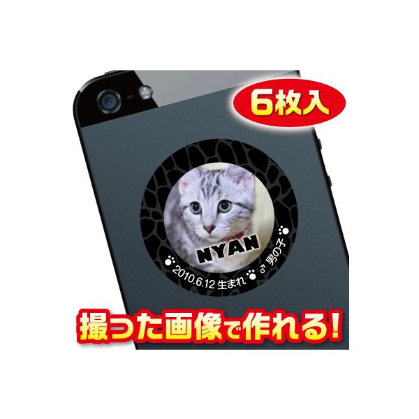 猫の名札に。自分で撮った愛猫の画像から作れて、名前やプロフィールも入れられるオーダーメイドステッカー。愛猫のオリジナルステッカーが簡単に作れます。スマホ用に最適なサイズなので人気です。　●猫用プロフィール入りオーダーメイドステッカー/シール...