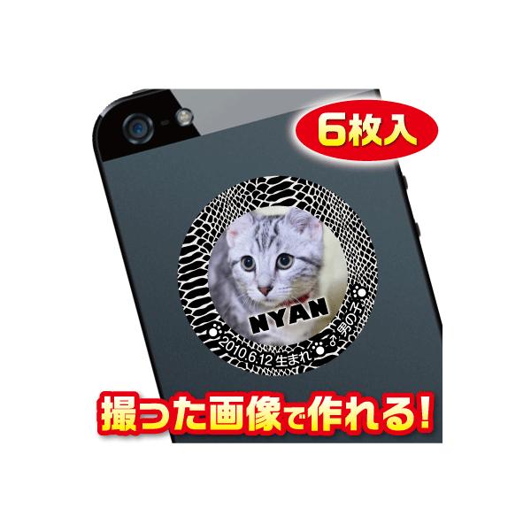 猫の名札に。自分で撮った愛猫の画像から作れて、名前やプロフィールも入れられるオーダーメイドステッカー。愛猫のオリジナルステッカーが簡単に作れます。スマホ用に最適なサイズなので人気です。　●猫用プロフィール入りオーダーメイドステッカー/シール...