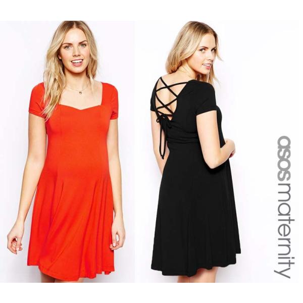 イギリスロンドン発のブランドASOSのマタニティードレスワンピース。伸縮性のあるTシャツのような素材で背中部分のリボンがアクセントになった、エレガントで可愛らしいデザインです。カラーはビビッドなレッドとシックなブラックの2種類。ウエスト部分...