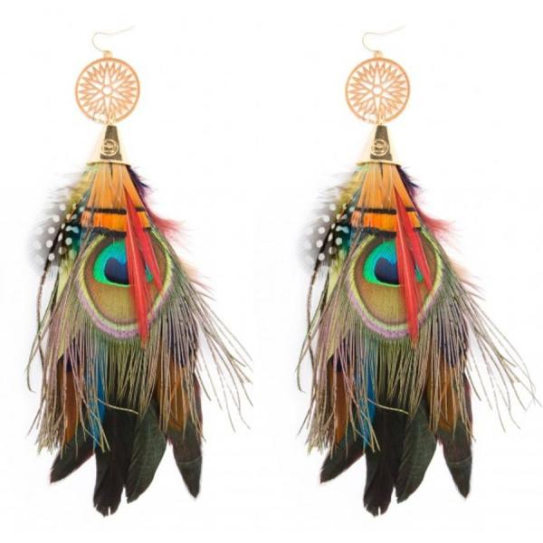 送料無料！パリ発のブランドHIPANEMA（ヒパネマ）のピアス。全長20cmほどもある存在感たっぷりの超ビッグサイズのフェザーピアスです。レッド、オレンジ、ピンク、ブルー、グリーンなど、様々な色合いのフェザーを組み合わせた、グラマラスな色彩...