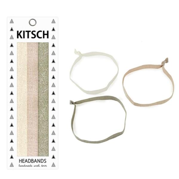 レビューを書いてメール便送料無料！LA発のブランドKitsch（キッチュ）のヘアバンド3本セット。キラキラ輝くラメ入りのグリッタータイプで、ペールオレンジ、モーブ、グレーのナチュラル系パステルカラーです。おそろいのHair Tiesをブレス...
