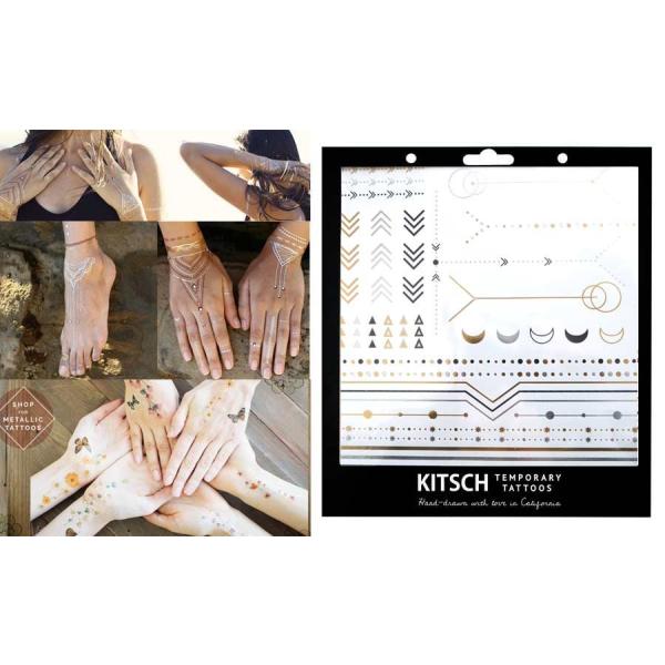 レビューを書いてメール便送料無料！LA発のブランドKitsch（キッチュ）のテンポラリータトゥー。メタリック素材で美しい発色が特徴のタトゥシールです。お好きな組み合わせで、手の甲、腕、肩、首などにアレンジを楽しみながら簡単につけることができ...