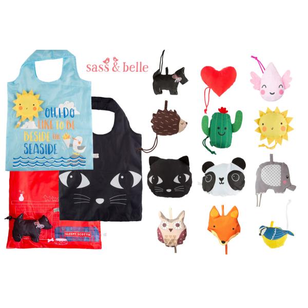 レビューを書いてメール便送料無料！イギリスのブランドsass&amp;belleのエコバッグ。犬、猫、サボテン、象、太陽などポップで可愛らしいデザインのお買い物バッグです。ポーチがバッグと一体になっていますので、ポーチを無くしてしまう心配が...