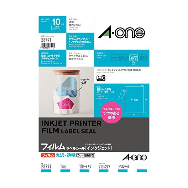 02.(1面)10シート透明光沢/1面10枚/28791・パッケージ個数:1・【製品情報】ラベルサイズ: A4判 ノーカット (210mm×297mm) / 色: 透明 / 質感: 光沢フィルム / ラベル厚み: 0.07mm / 入り数:...