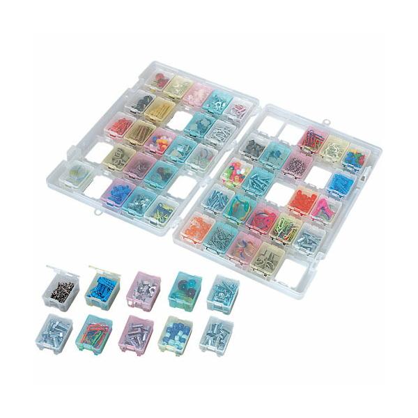 [特長]●着脱自在の透明小箱で何種類ものパーツ・小物を収納、整理、整頓できます。●透明小箱で中身が一目瞭然です。●薄型ブックタイプなので収納場所を選ばず、本棚にも収納可能です。[仕様]●色：青・ピンク・黄・透明●外形寸法(mm)間口：225...