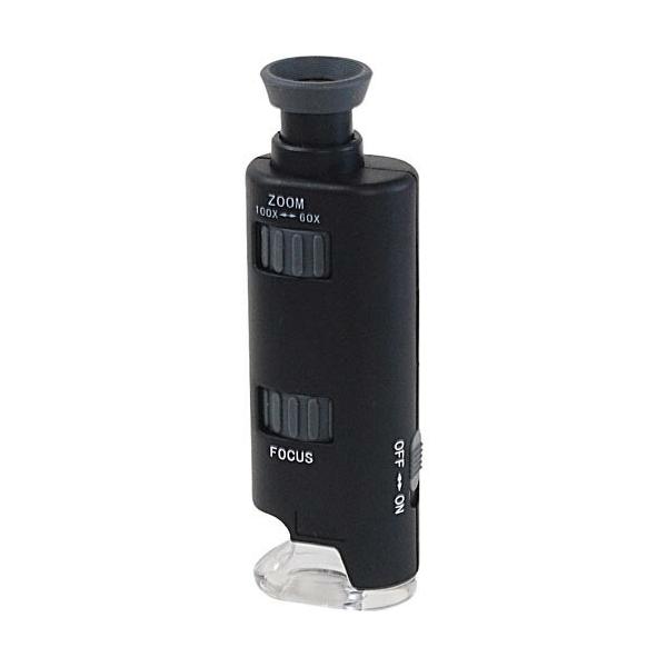 [特長]●顕微鏡にＬＥＤライトがついて、あらゆる被写体をより鮮明に観察、鑑賞できます。[仕様]●倍率(倍)：約60〜100●電源(V)：ボタン電池LR41×３個(テスト電池付属)●幅(mm)：32●奥行(mm)：22●高さ(mm)：84●電...