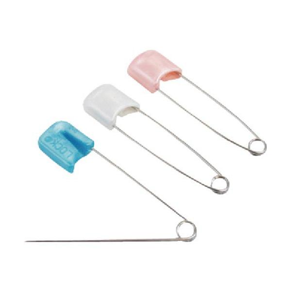 [特長]●針が勝手に飛び出ないセーフティーダブルロック機構です。●パールカラーがおしゃれです。[仕様]●縦(mm)：54●横(mm)：8●色：パール調ブルー，ピンク，ホワイト各2本入[材質／仕上]●留め具:ＰＳ樹脂●針:ステンレス