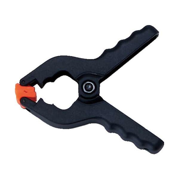 [特長]●ナイロン樹脂製のスプリングクランプです。●可動式口金で素材をしっかりと挟むことができます。[仕様]●全長(mm)：85●最大口開き(mm)：約25●ふところ(mm)：30●幅(mm)：69●色：本体/ブラック、口金/オレンジ[材質...