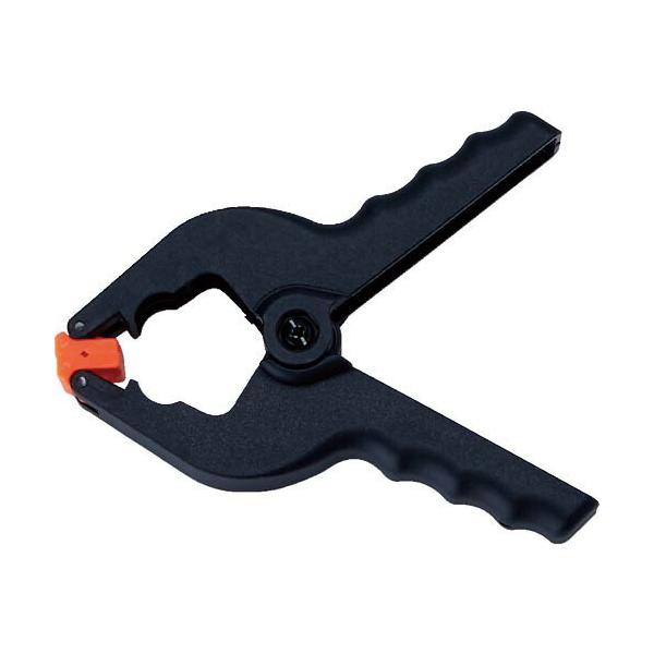 [特長]●ナイロン樹脂製のスプリングクランプです。●可動式口金で素材をしっかりと挟むことができます。[仕様]●全長(mm)：148●最大口開き(mm)：約60●ふところ(mm)：50●幅(mm)：127●色：本体/ブラック、口金/オレンジ[...