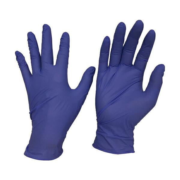[特長]●耐油性・耐薬品性に優れたニトリルゴム製です。●200枚入りで省資源化を実施しました。[仕様]●色：ブルー●サイズ：L●全長(cm)：23.0●手のひら周り(cm)：21.4●中指長さ(cm)：8.0●厚さ(mm)：0.1●粉(あり...