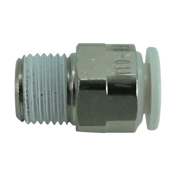 [特長]●PBT樹脂を採用し、スパッタ等の延焼事故を防止。●空気圧汎用型継手では初の軽量化を実現。[仕様]●適合チューブ外径D(mm)：6●接続口径：R1/8●六角対辺(mm)：12●流体温度(℃)：-5〜60℃(空気)、5〜40℃(水)●...