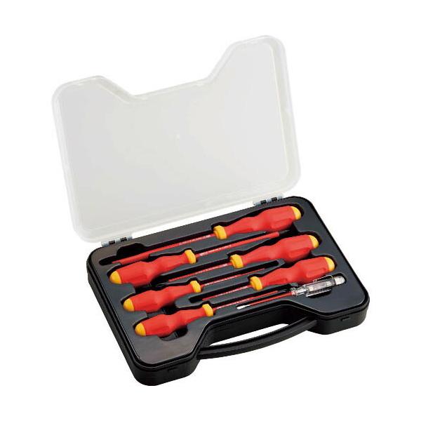 [特長]●絶縁性の素材に覆われたドライバーで電気・通信設備工事などの作業に適しています。●身体への感電を防ぎ、作業者の安全を守ります。[仕様]●セット内容(点)：7●セット内容(本)：7●刃先：マグネット入り●絶縁ドライバー6本、検電ドライ...