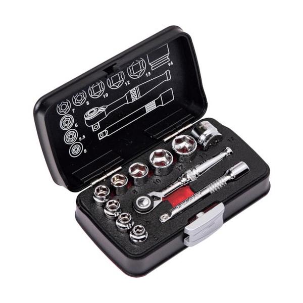 [特長]●コンパクトで持ち運びにも便利なソケットセットです。●タフで使い勝手のいい樹脂製軽量ケースにレンチ類をきっちり収納可能です。●狭いタイトな場所でも使い勝手抜群です。[仕様]●差込角(mm)：6.35●セット内容(点)：11●ソケット...