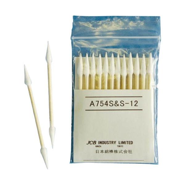 [特長]●先端を細く尖らせたタイプです。[仕様]●先端径(mm)：4●軸長(mm)：75●タイプ：両綿球・木軸／極細コーン型●両綿球・極細コーン型、木軸●綿形：極細コーンシェイプ型[材質／仕上]●綿球:コットン+レーヨン混紡●木軸:白樺材