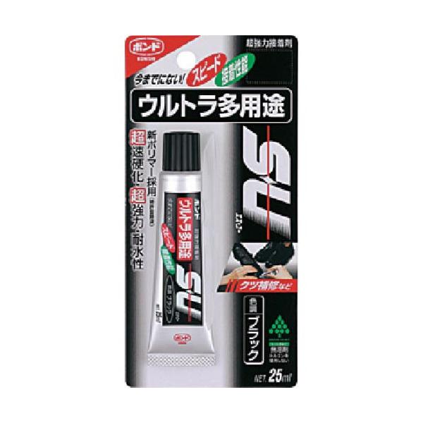 [特長]●超速硬化・強力・耐久性に優れています。●無溶剤タイプです。●日本接着剤工業会 JAIA 4VOC基準適合品です。[仕様]●色：ブラック●容量(ml)：25●硬化時間(23℃)：4分●チューブタイプ[材質／仕上]●主成分:シリル化ウ...