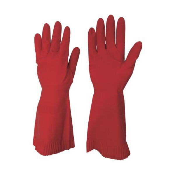 [特長]●引き裂きに強く、しなやかな天然ゴム手袋です。●手にフィットして疲れにくい形状です。●指・手のひら側にすべり止め加工を施しています。●鮮やかなレッドカラーです。[仕様]●色：レッド●サイズ：L●全長(cm)：35.0●手のひら周り(...