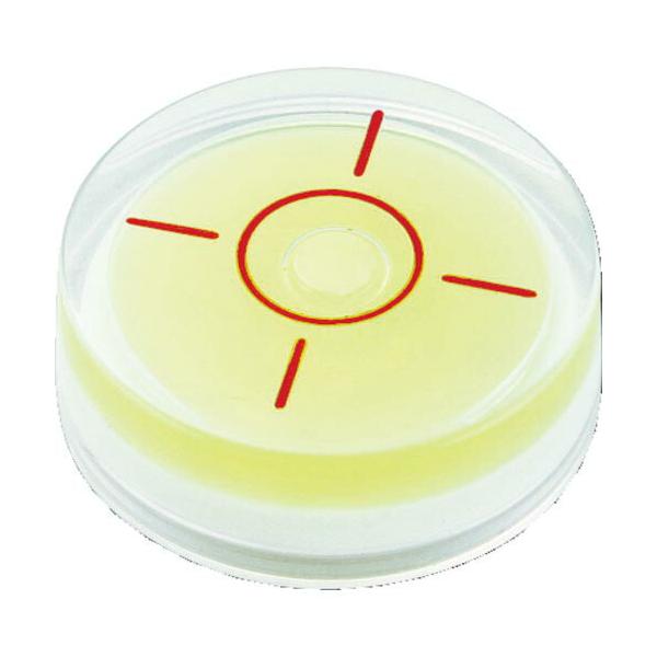 [特長]●水平面全方向測定可能な丸型タイプです。●携帯に便利な小型軽量レベルです。[仕様]●長さ(mm)：φ24●高さ(mm)：10●厚さ(mm)：24●マグネット：なし●本体色：クリア●気泡管色：黄色●精度：±2.5●感度：0.5mm/m...