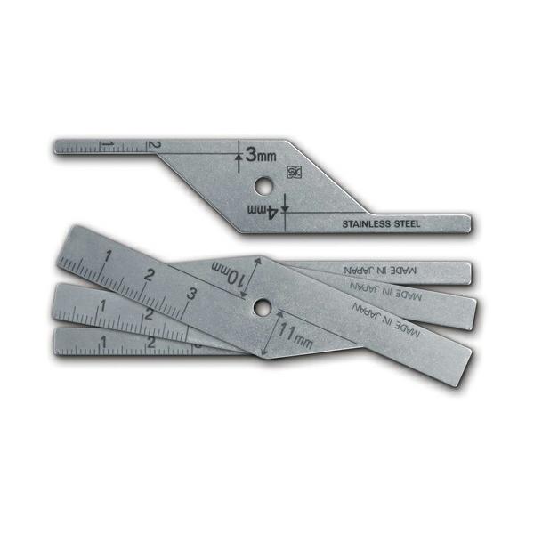 [特長]●ルート間隔・突合せ継手ルート間隔測定用限界ゲージです。●ゲージリーフ４枚セットです。●すきまゲージとしても利用できます。●プラスチックケース付です。●ボールチェーン付です。[仕様]●測定可能脚長(mm)：10〜17(1mmピッチ)...