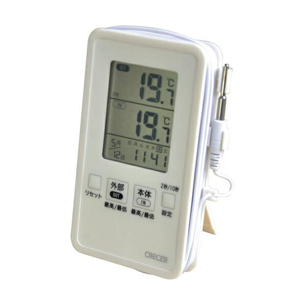 [特長]●外部と本体、2ヶ所の温度を同時に測定可能です。[仕様]●測定温度範囲(℃)：-10〜50●温度最小表示(℃)：0.1●電源(V)：単4乾電池×1●幅(mm)：80●奥行(mm)：19●高さ(mm)：122●測定温度範囲(℃)IN/...