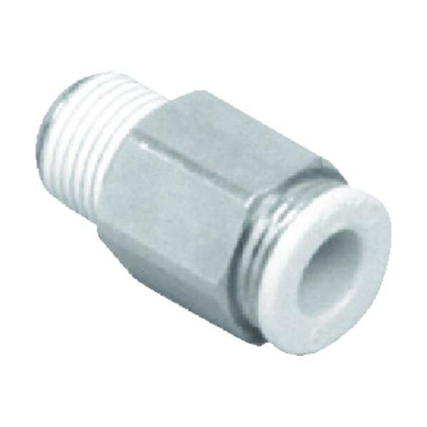 [特長]●難燃性樹脂（UL-94規格V-0相当）標準+黄銅部ニッケルメッキ+ネジ部シール材標準塗布[仕様]●適合チューブ外径(mm)：4●接続口径：R1/8●六角対辺(mm)：10●全長(mm)：20.5●使用流体：空気●適合チューブ外径D...