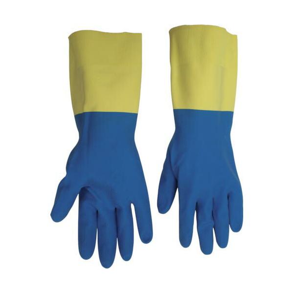 [特長]●天然ゴム製で柔らかく、表面にクロロプレンコーティングを施しているため広範囲の薬品に対し優れた保護能力を持っています。●指・手のひらにすべり止め加工を施しているのでグリップ性に優れています。[仕様]●色：手部ブルー/袖部イエロー●サ...