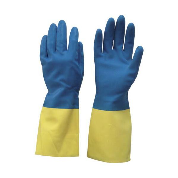 [特長]●天然ゴム製で柔らかく、表面にクロロプレンコーティングを施しているため広範囲の薬品に対し優れた保護能力を持っています。●指・手のひらにすべり止め加工を施しているのでグリップ性に優れています。[仕様]●色：手部ブルー/袖部イエロー●サ...
