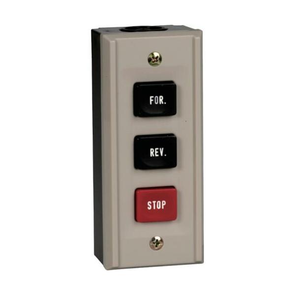 [特長]●電磁開閉器操作用の押ボタンスイッチです。●電気用品安全法適合品です。[仕様]●ボタン文字：FOR、REV、STOP●長さ(mm)：50●幅(mm)：116●高さ(mm)：40.5●定格：AC250V-5A●端子ねじM3.5[材質／...