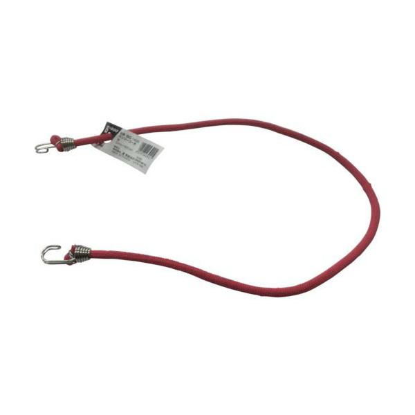 [特長]●伸縮性があり、周囲を糸で特殊織しています。[仕様]●色：レッド●長さ(m)：0.6●厚さ(mm)：5●標準幅(mm)：5●両端フック金具付き[材質／仕上]●中芯：天然ゴム●被覆：PP●金具：スチール