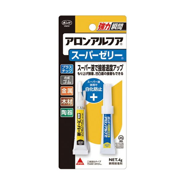 [特長]●セットのスーパー液との併用でハイスピード接着が可能です。●多少のすき間や凹凸面にも使えます。 ●タレないので天面・曲面にも使えます。[仕様]●色：半透明●容量(g)：4●固着時間(23℃)：5秒●固着時間(23℃)：5秒●高粘度型...