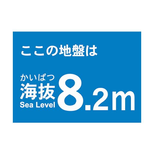 [特長]●屋内外使用可能です。[仕様]●表示内容：ここの地盤は海抜8.2m●取付仕様：粘着シール●縦(mm)：120●横(mm)：170[材質／仕上]●塩化ビニール(PVC)[注意]●貼り付ける面のゴミ・油等を拭きとってください。