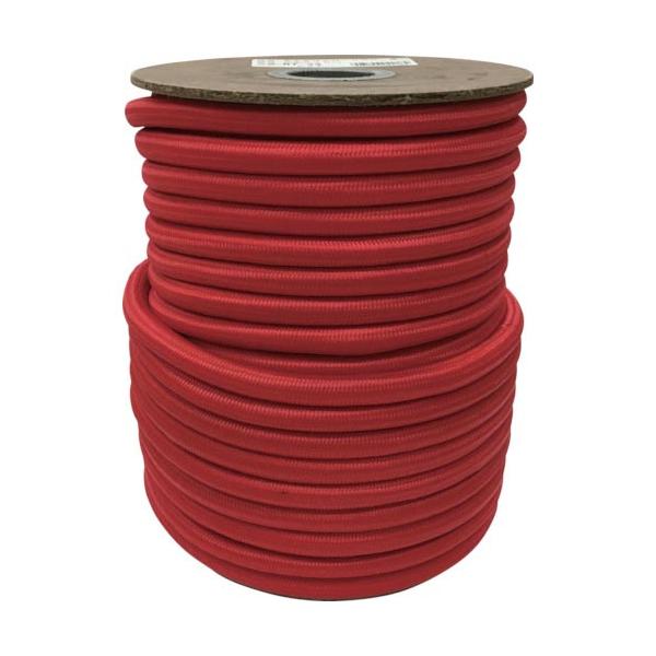 [特長]●周囲を糸で被覆している丸ゴムロープで伸縮性があります。[仕様]●色：レッド●長さ(m)：30●標準幅(mm)：9●包装形態：ボビン巻[材質／仕上]●中芯：合成ゴム●被覆：ポリプロピレン（PP）