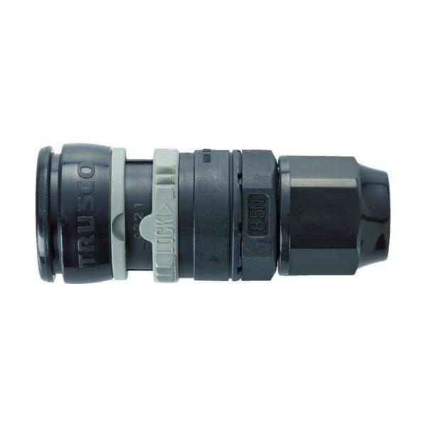 [特長]●ホースバンド不要設計です。●ワンタッチ接続方式。●セーフティロック機構を標準装備。●エンジニアリングプラスチックの採用で耐衝撃性に優れています。●プラスチック製ですので軽量でさびません。[仕様]●最高使用圧力(MPa)：1.0●耐...