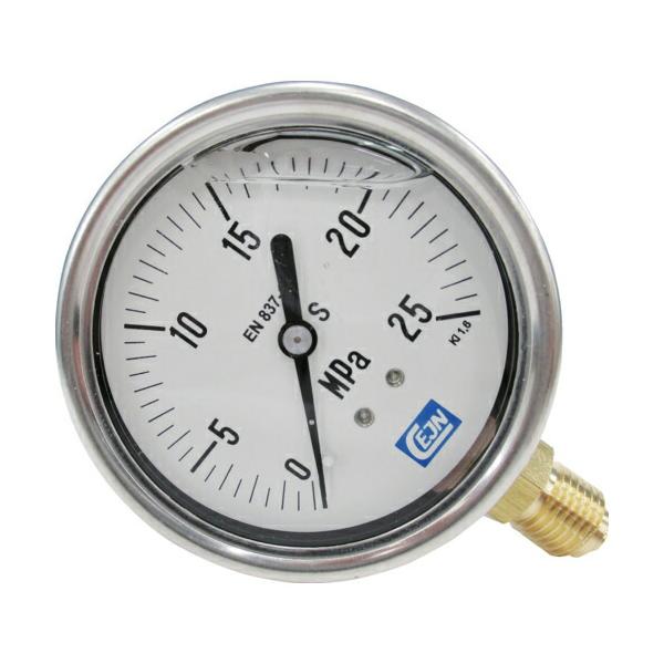 [特長]●振動、脈動がある受圧媒体の圧力測定に適したグリセリン入りです。●ケースはステンレス製で耐食性に優れています。●EN837-1規格品です。[仕様]●圧力レンジ(MPa)：0.0〜25.00●最小目盛(MPa)：0.5●精度：±1.6...