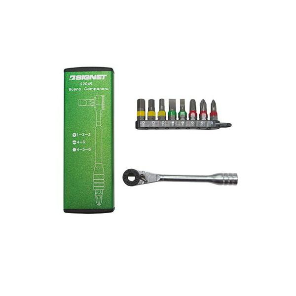 [特長]●DIYや自転車の車載工具にも最適。●ミニラチェットセットがポップなカラーで登場。●手の平に収まるコンパクトサイズ。●柄部分にもビット装着可能。[仕様]●ミニラチェット全長(mm)：93●ヘッド幅(mm)：15●ヘッド厚み(mm)：...