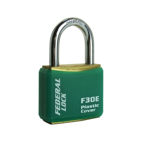 [特長]●ブラス製南京錠。●ポリエチレン製ボディーカバー。●レバーロッキング機構。●ツルは熱処理加工の鋼鉄製。[仕様]●材質(本体)：黄銅●材質(ツル)：鉄●鍵：2個付●幅(mm)：32.5●高さ(mm)：28●厚み(mm)：15.7●ツル...