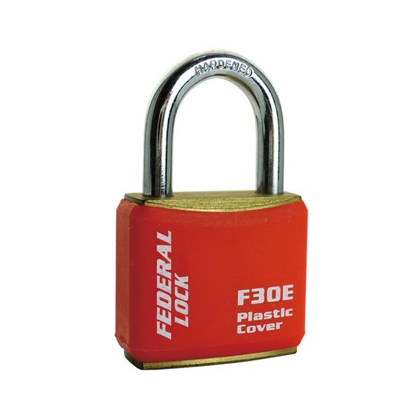 [特長]●ブラス製南京錠。●ポリエチレン製ボディーカバー。●レバーロッキング機構。●ツルは熱処理加工の鋼鉄製。[仕様]●材質(本体)：黄銅●材質(ツル)：鉄●鍵：2個付●幅(mm)：32.5●高さ(mm)：28●厚み(mm)：15.7●ツル...