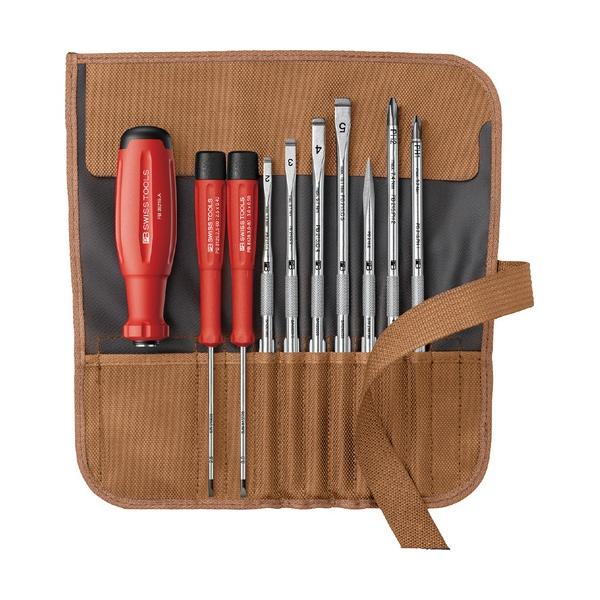 [特長]●便利な差替式ドライバーのセット。●ロールアップケース付き。●耐久性のあるハンドルで楽に作業できます。[仕様]●カラー：ブラウン●質量(g)：400[セット内容／付属品]ドライバーハンドル(38215.A)、●マイナスブレード(21...