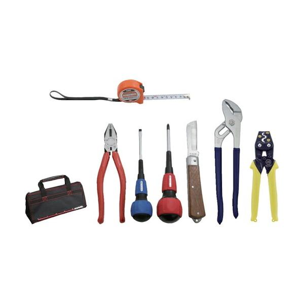 [特長]●電気工事士技能試験を受験するための基本工具+JIS C-9711適合品の圧着工具（リングスリーブ中小用）のセットです。●マイナスドライバーは先端5.5mm幅でスイッチプレートの取り外しなどの作業に適したサイズです。●合格後も永くご...