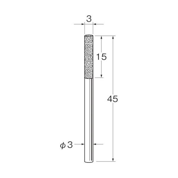[特長]●ダイヤモンド工具で加工しにくい鉄系鋼材に最適です。●厳選した最高級ボラゾン砥粒を使用しているため、切れ味が抜群で耐久性に優れています。[仕様]●粒度(#)：150●刃径(mm)：3●刃長(mm)：15●軸径(mm)：3●全長(mm...