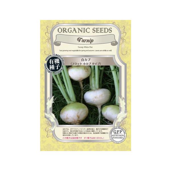 かぶ 白カブ 種 フラット小カブタイプ オーガニック 有機種子 固定種春・秋まき可能な白色の小カブで平たい形です。カブの収穫サイズは5~8cmで、葉もおいしくいただけます。 煮物・酢漬け・千枚漬け、葉は漬物にしてもおいしくいただけます。ヨー...