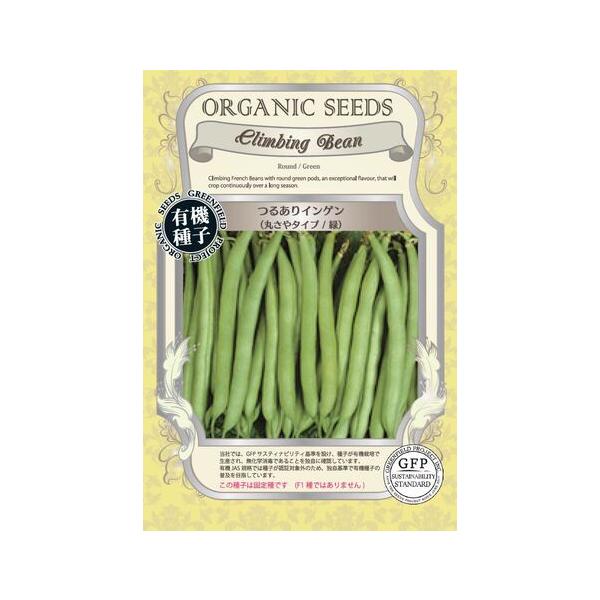 インゲン 種 つるありインゲン 丸さやタイプ 緑 オーガニック 有機種子 固定種薄い緑色で香り豊かな丸さやのつるありインゲン。長さ18cmほどで収穫。ほどよい甘さとやわらかい莢が美味。●播き時：3月〜7月●内容量：15粒●発芽率：80%以上...