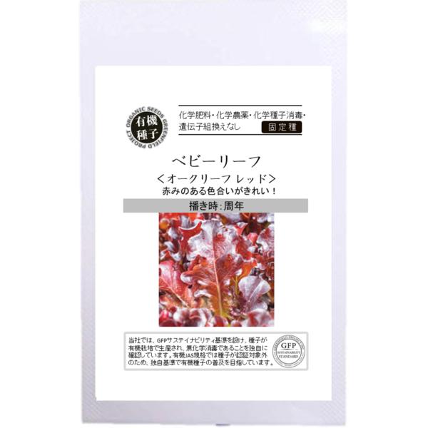 ベビーリーフ 種 オークリーフ レッド オーガニック 有機種子 固定種濃く光沢のある赤色の葉が特徴のベビーリーフ。小さなプランターでも簡単に育てることができるので、菜園ビギナーの方にもおすすめです。●播き時：周年直播きし、日当たりの良い場所...
