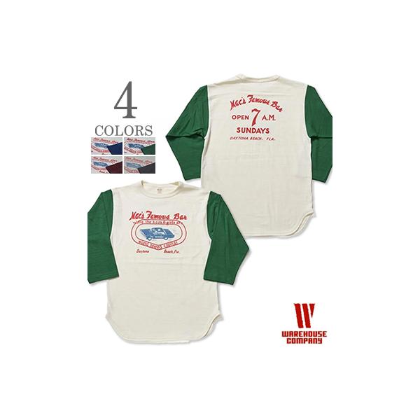 WAREHOUSE ウエアハウス 七分袖|粗挽きスラブ糸シャドーボーダー|ベースボールTEE『BASEBALL TEE MAC’S FAMOUS BAR』【アメカジ・カレッジ】4800-MACS