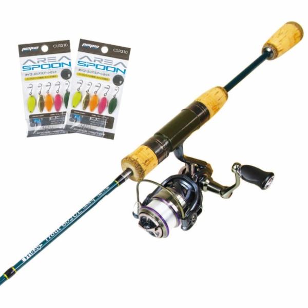 エリアトラウトゲーム入門に最適、トラウトロッド＆ライン付きスピニングリールのセットロッドは深いグリーンカラーを基調にコルク素材を採用。リールは金属スプールにメタリックカラーとなり、入門セットモデルとは思えない所有感の高い物となっております。...